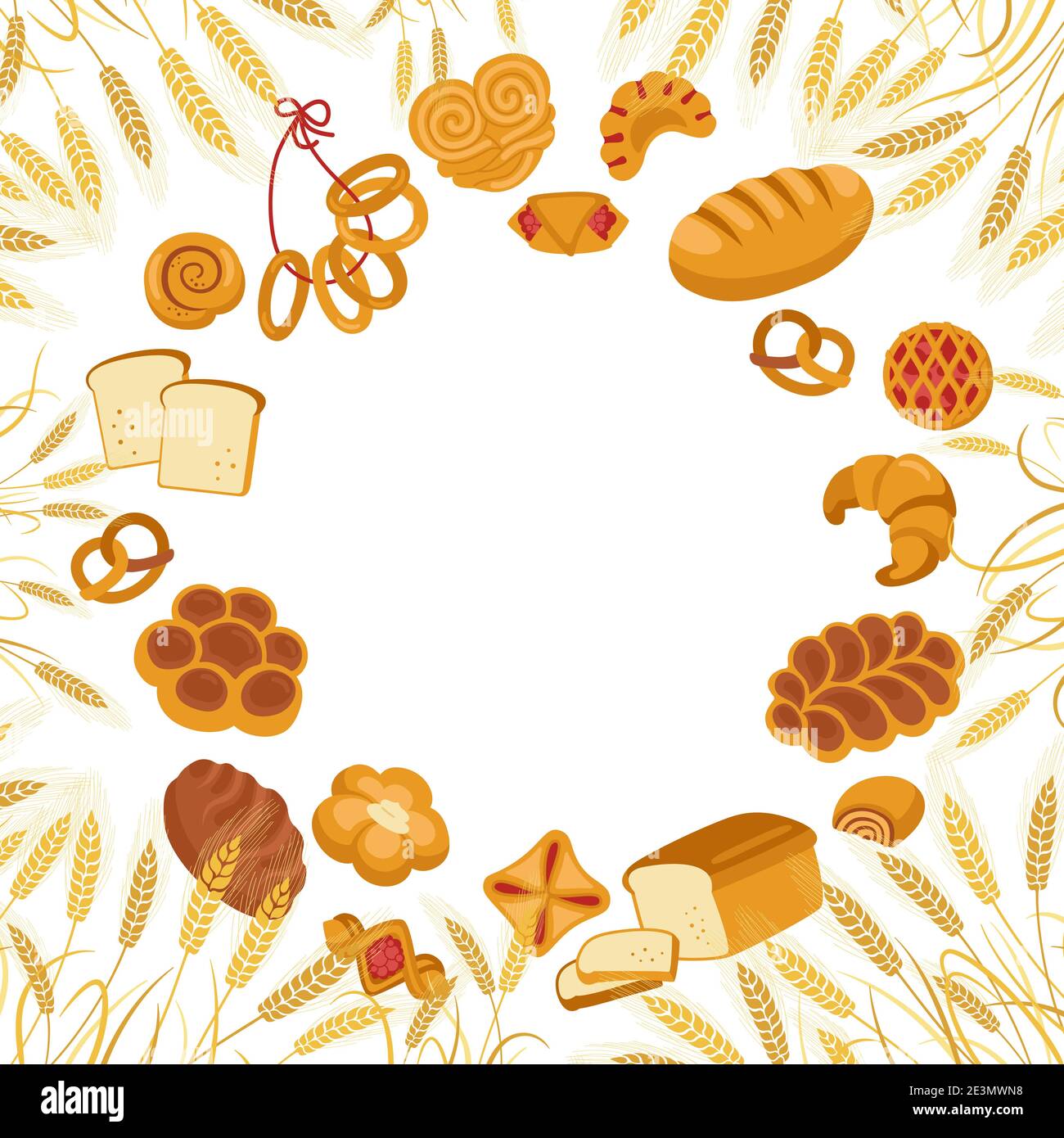 Bakery goods and ears wheat arranged in circle. Cartoon background for ...
