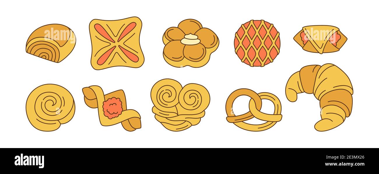 Sweet buns doodle cartoon icon set. Line design menu bakery symbol, jam ...