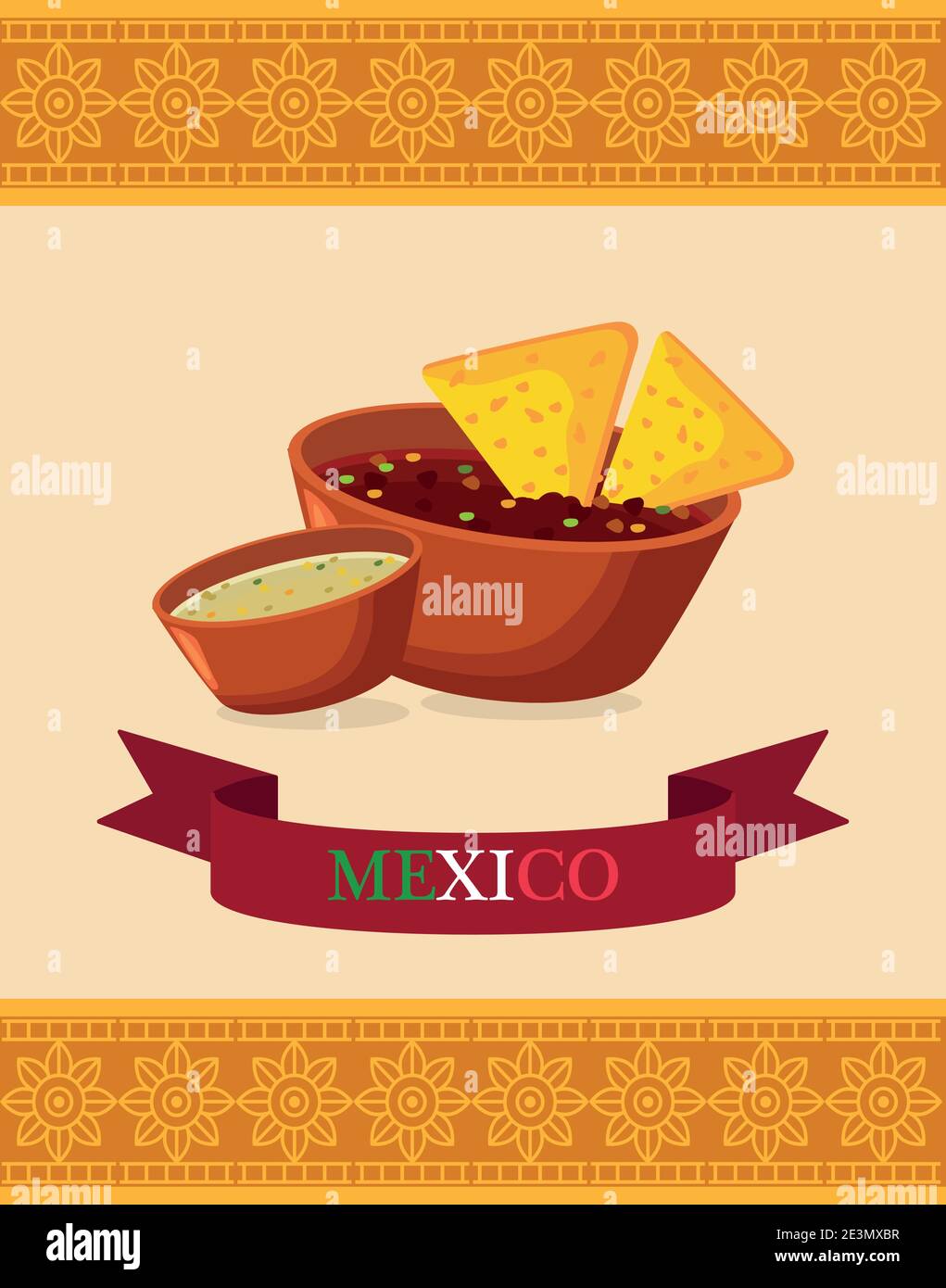mexican food restaurant poster with nachos in sauces and ribbon vector ...