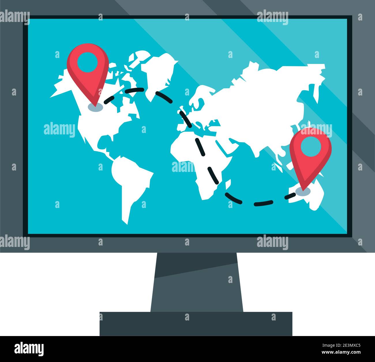 desktop computer with earth planet and distance pins vector ...