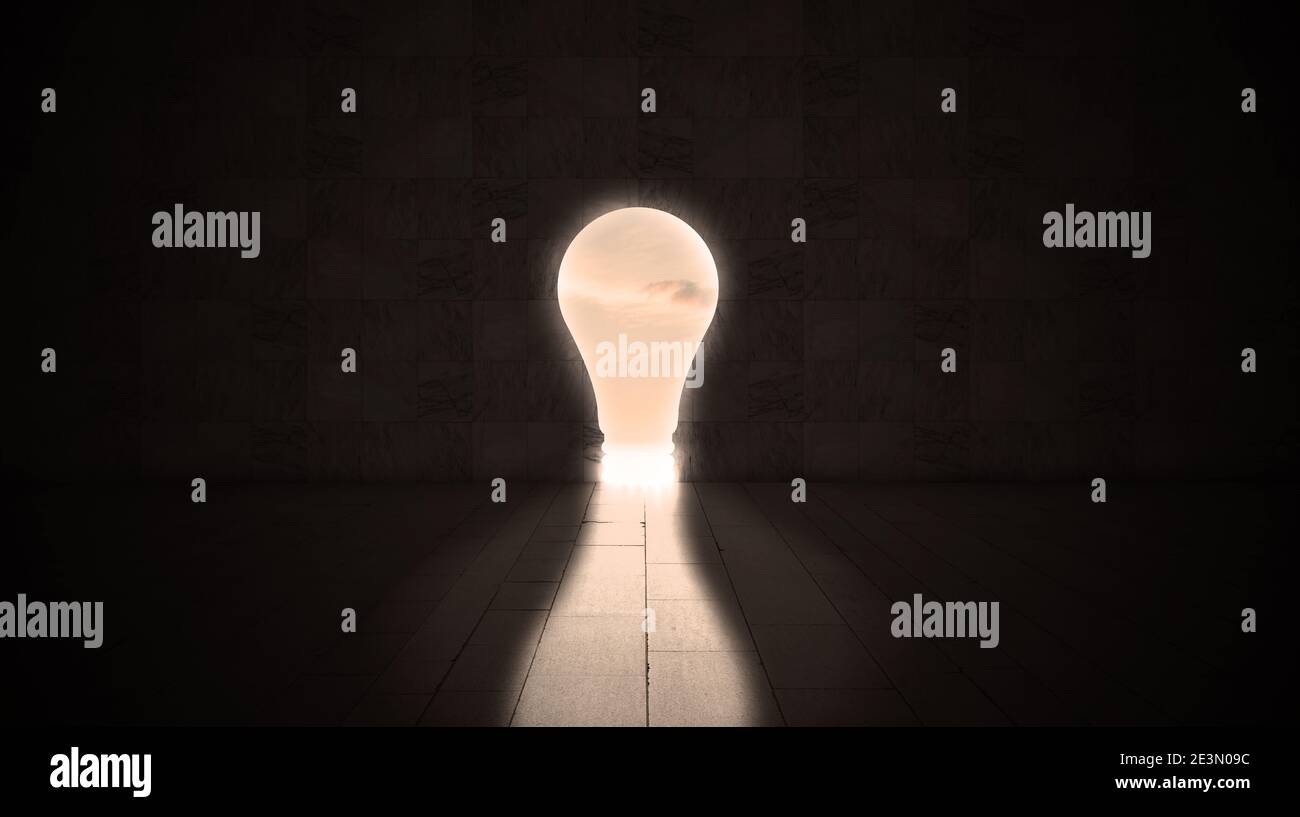 BIg dark empty room with light bulb as a doorway to get out from ...