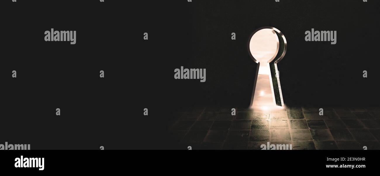panorama wall keyhole, big dark room with light keyhole as a doorway to ...