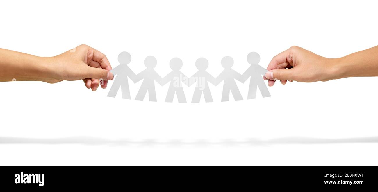 Community, unity and teamwork concept - hands holding paper chain people over white background ...