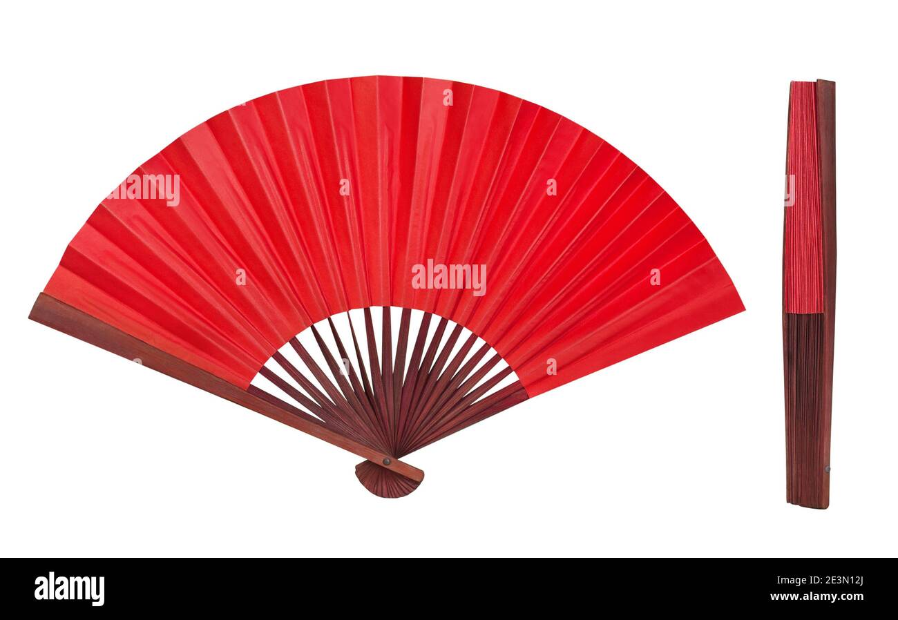 Red Chinese folding fan isolated on white background Stock Photo - Alamy