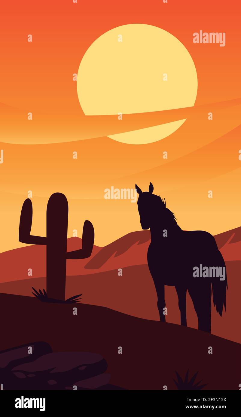 wild west sunset scene with horse and cactus desert vector illustration ...