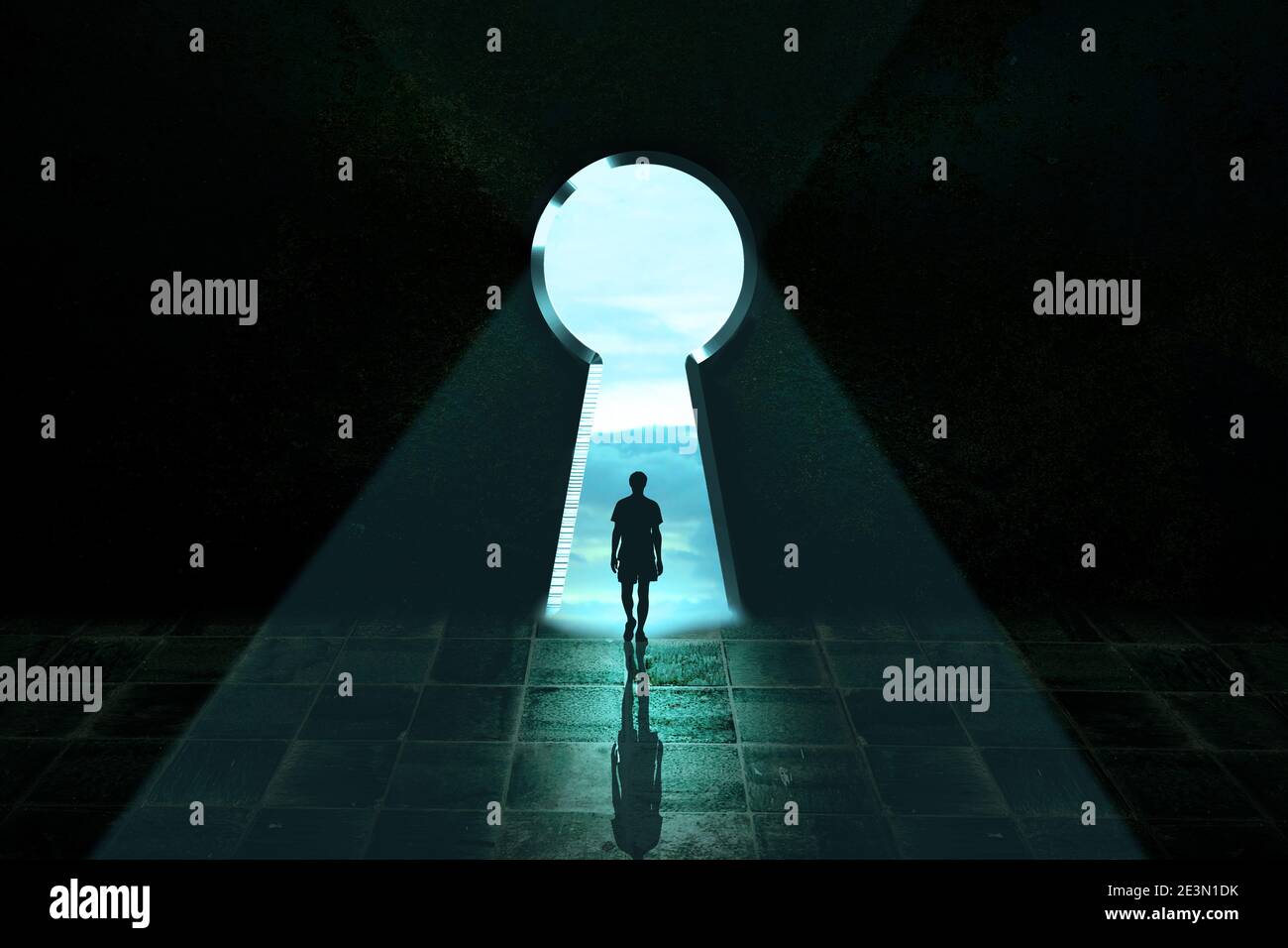 young man in keyhole light, schematic dark room with a big key door way ...