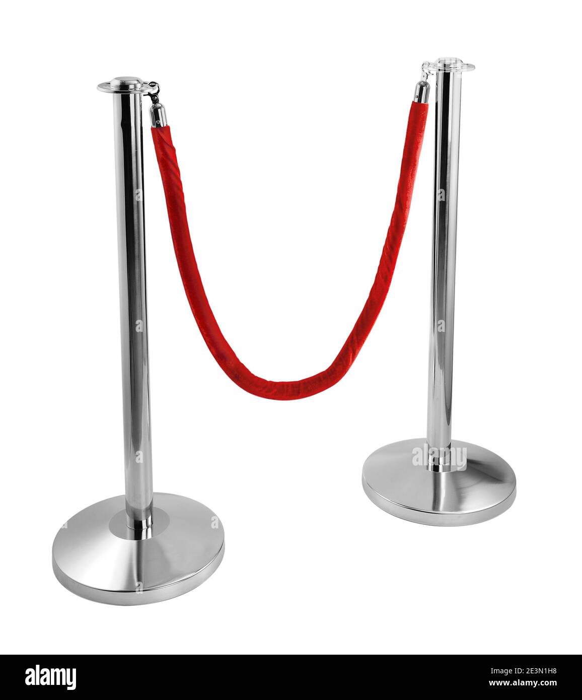 Barrier rope isolated on white. Silver or chrome steel pole with red ...