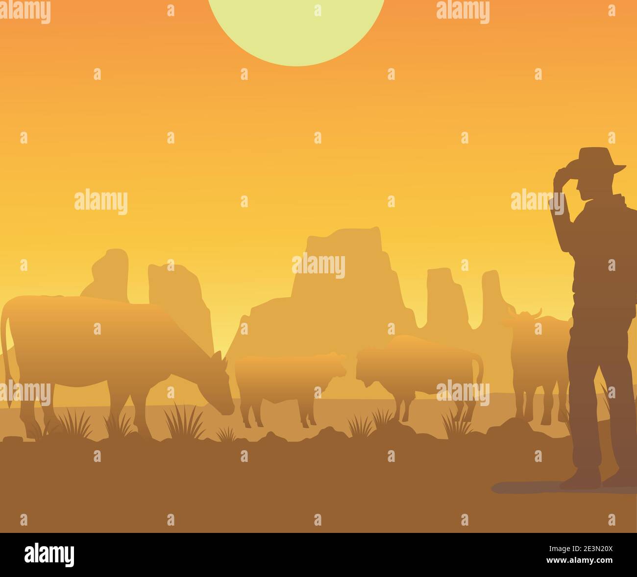 wild west sunset scene with cowboy and cows vector illustration design ...
