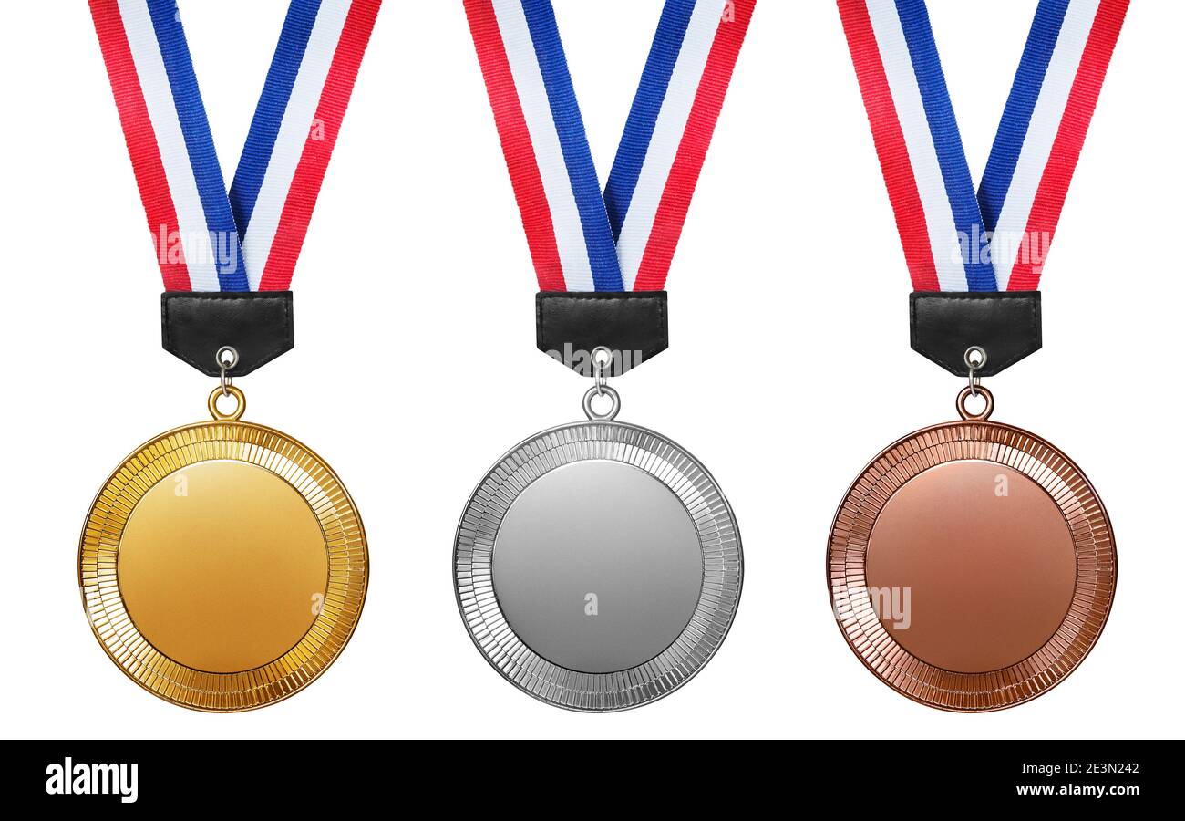 Three medals, Gold, Silver and bronze for the winners isolated on white ...