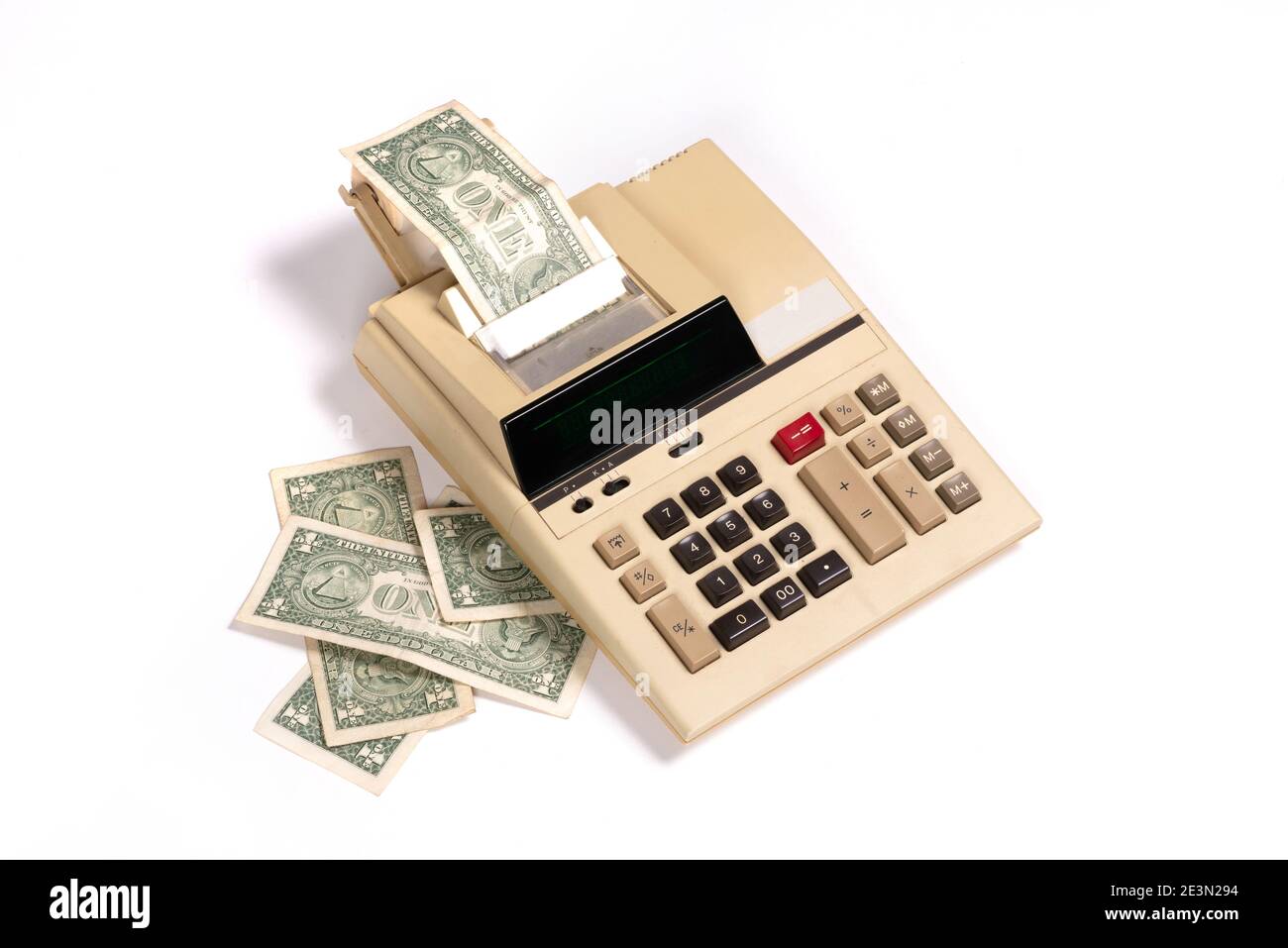 Old fashioned calculator dollars, isolated on white Stock Photo - Alamy