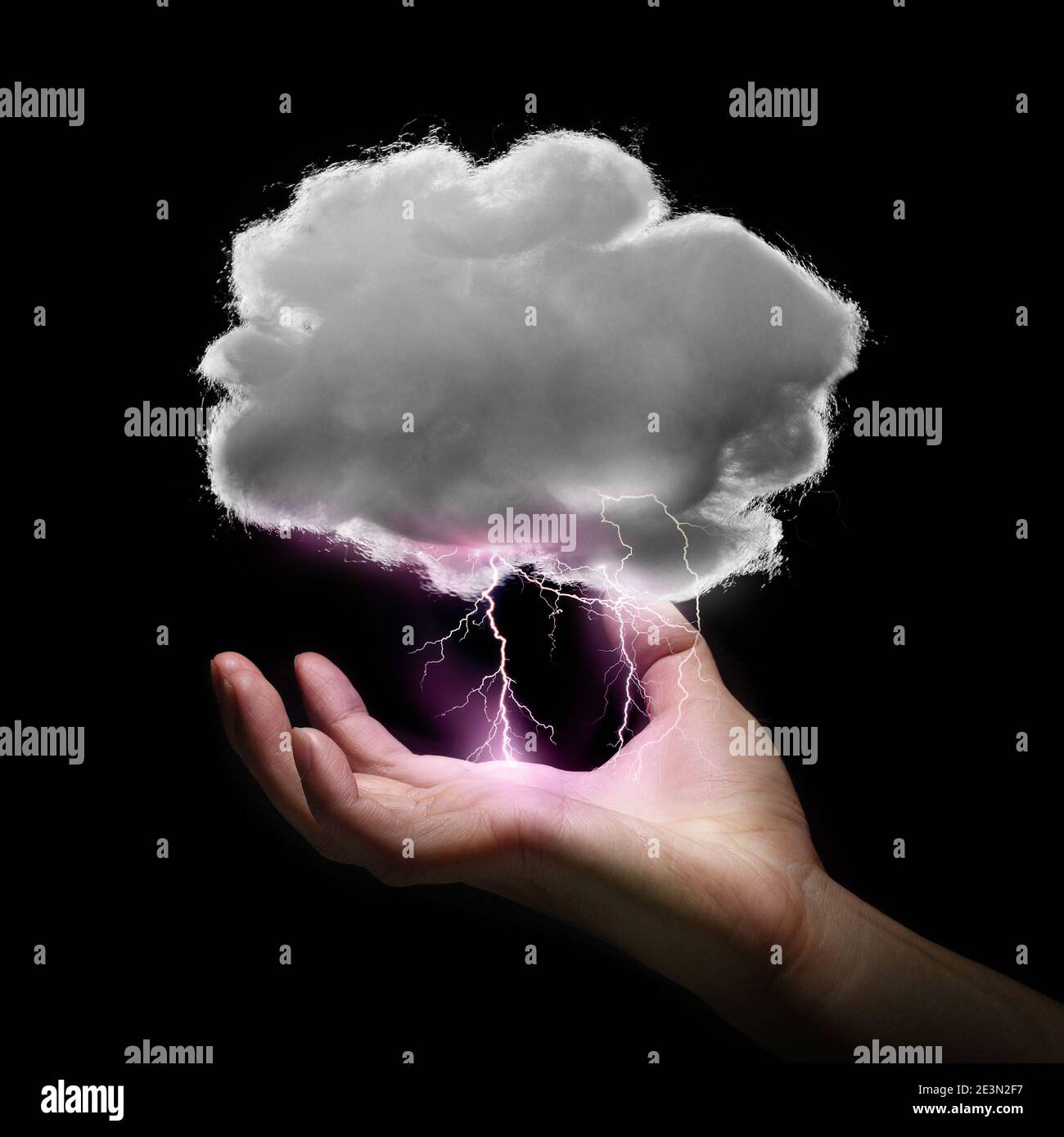 hand hold thunderbolt and cloud make from cotton Stock Photo - Alamy
