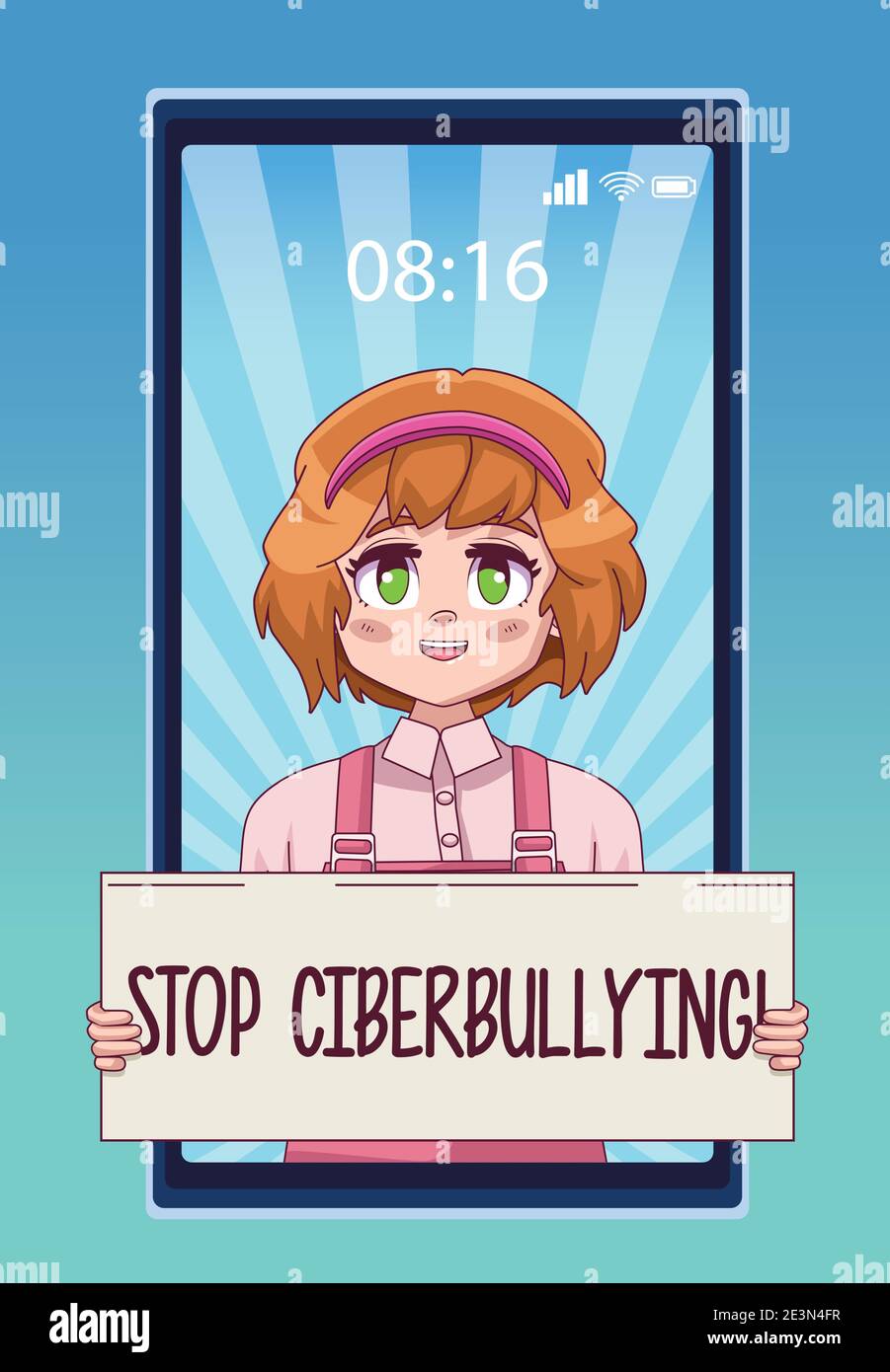 smartphone with teenager girl lifting stop cyber bullying lettering in ...