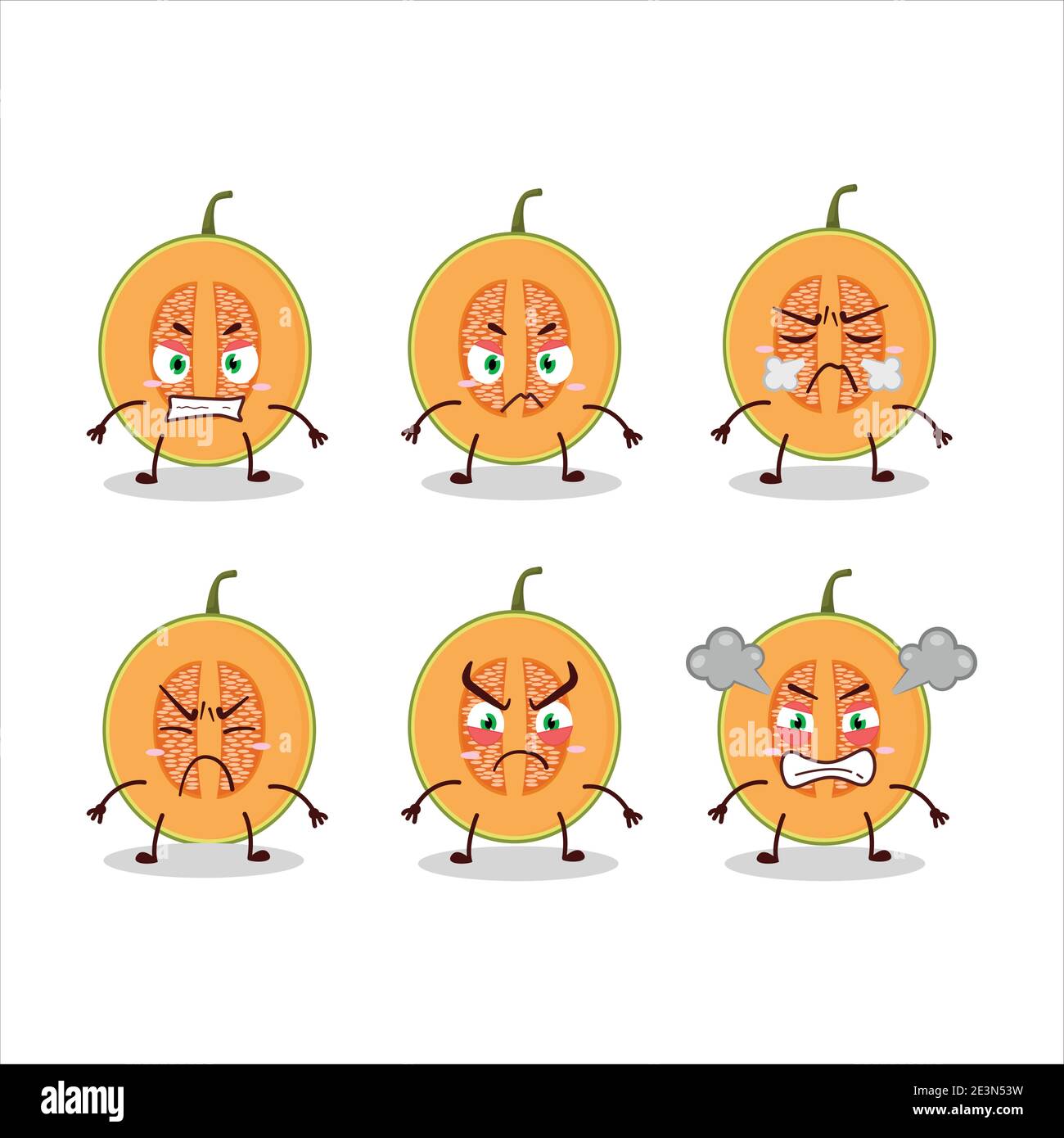 Slice of melon cartoon character with various angry expressions. Vector ...