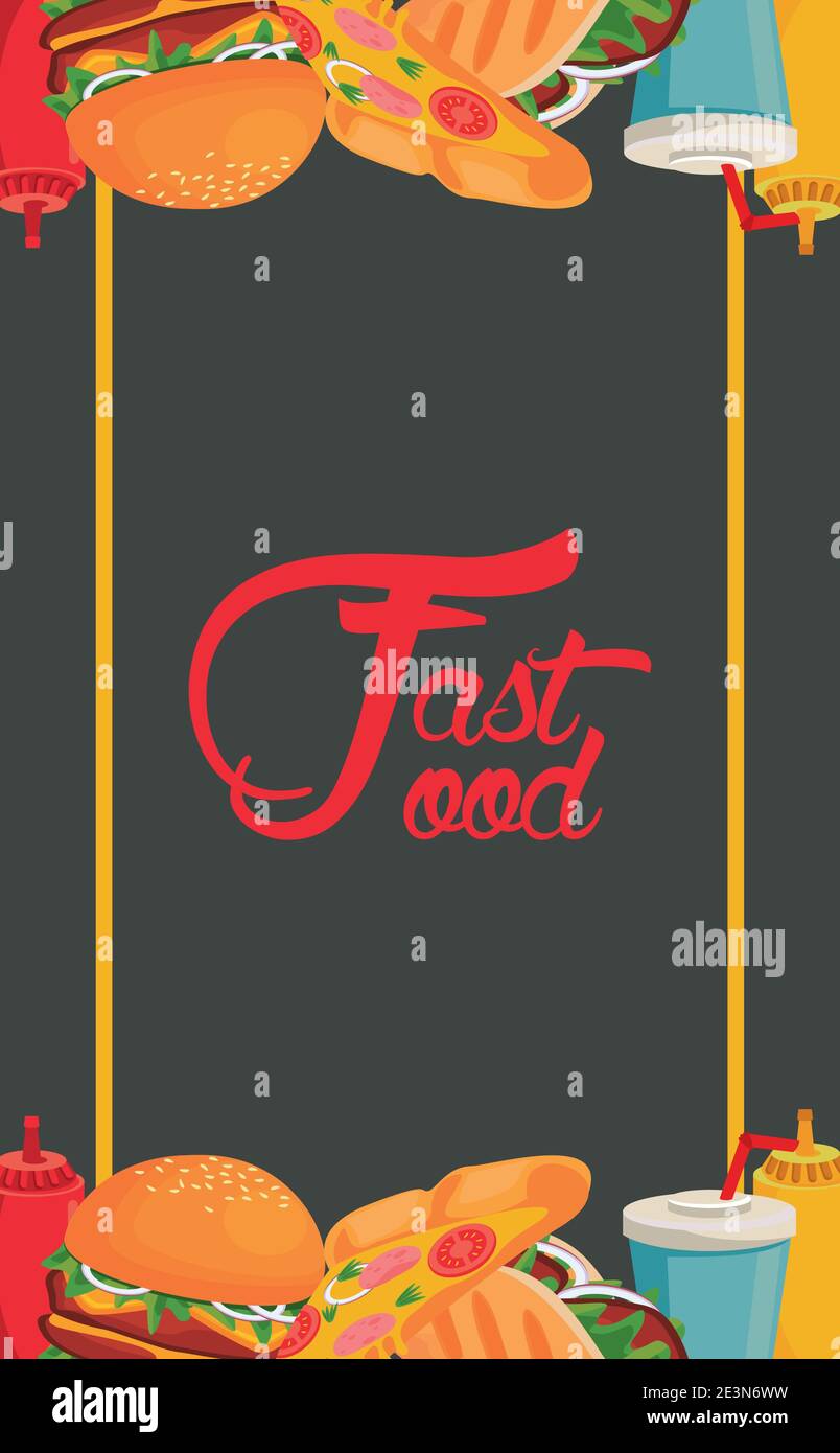 delicious fast food and lettering in black background vector ...