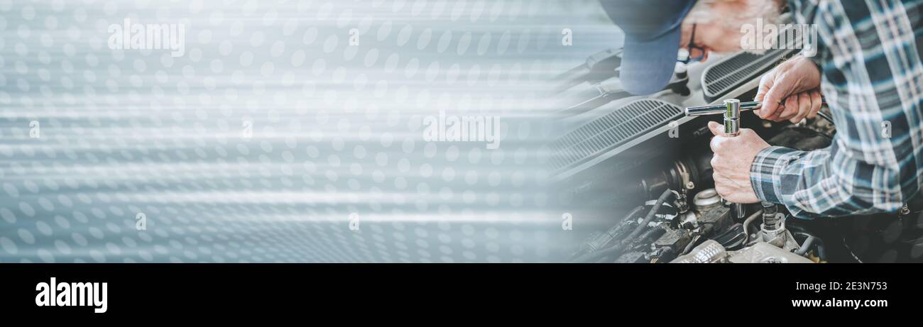 Car mechanic repairing a car engine; panoramic banner Stock Photo - Alamy