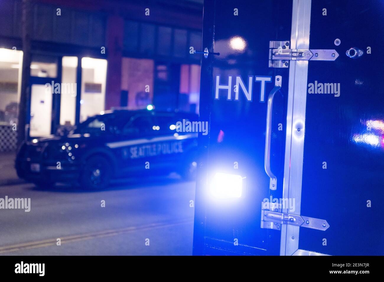 Seattle, USA. 19th Jan, 2021. Late in the night the Seattle hostage ...