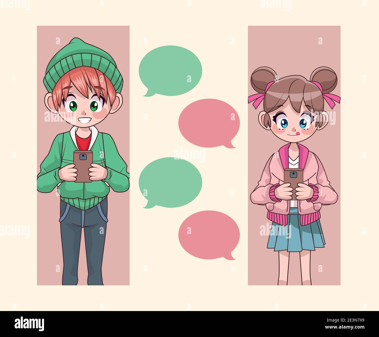 young teenagers couple chatting with smartphones anime characters ...