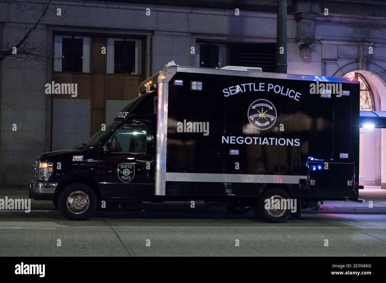 Seattle, USA. 19th Jan, 2021. Late in the night the Seattle hostage ...