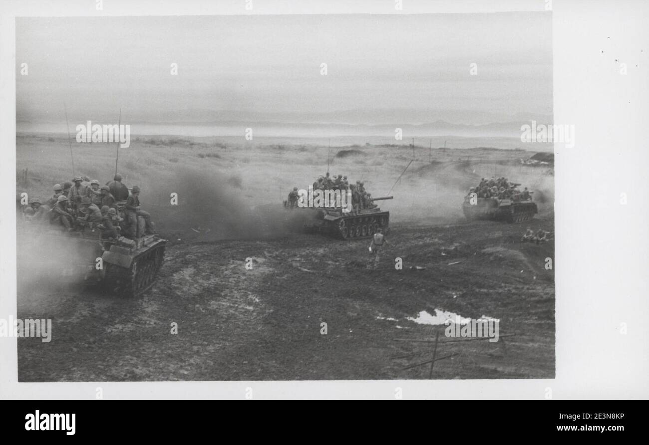Marines aboard Company A, 3rd Tank Battalion tanks near Con Thien Stock ...