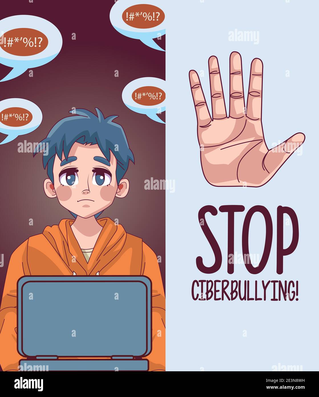 young teenager boy using laptop with stop cyber bullying lettering ...