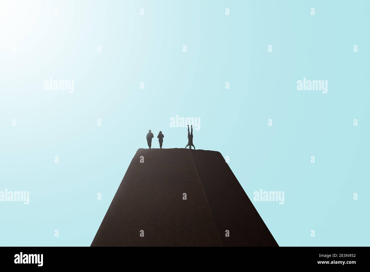 single man VS couple on top of pyramid. lifestyle difference concept of ...