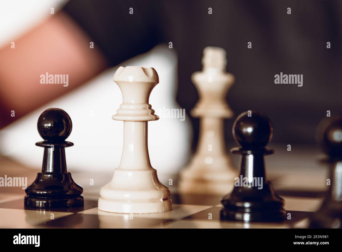 Chess pieces on chessboard. Playing chess at home. Narrow depth of ...