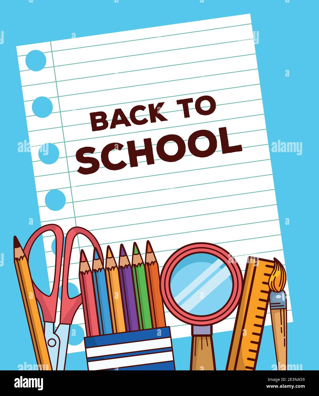 back to school lettering in notebook sheet paper with supplies vector ...