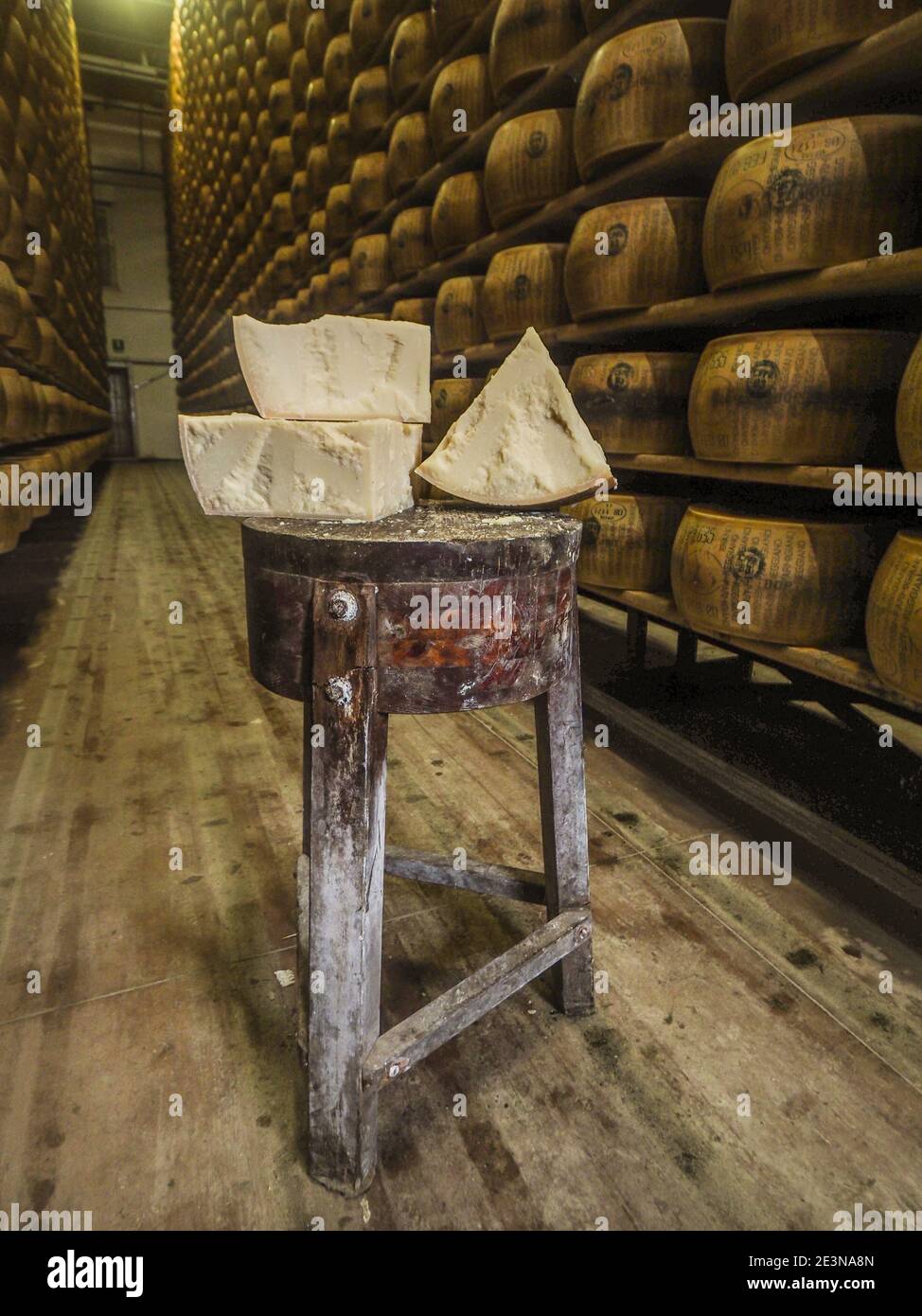 Parmigiano Reggiano are laid in rows and left to rest on wooden boards ...