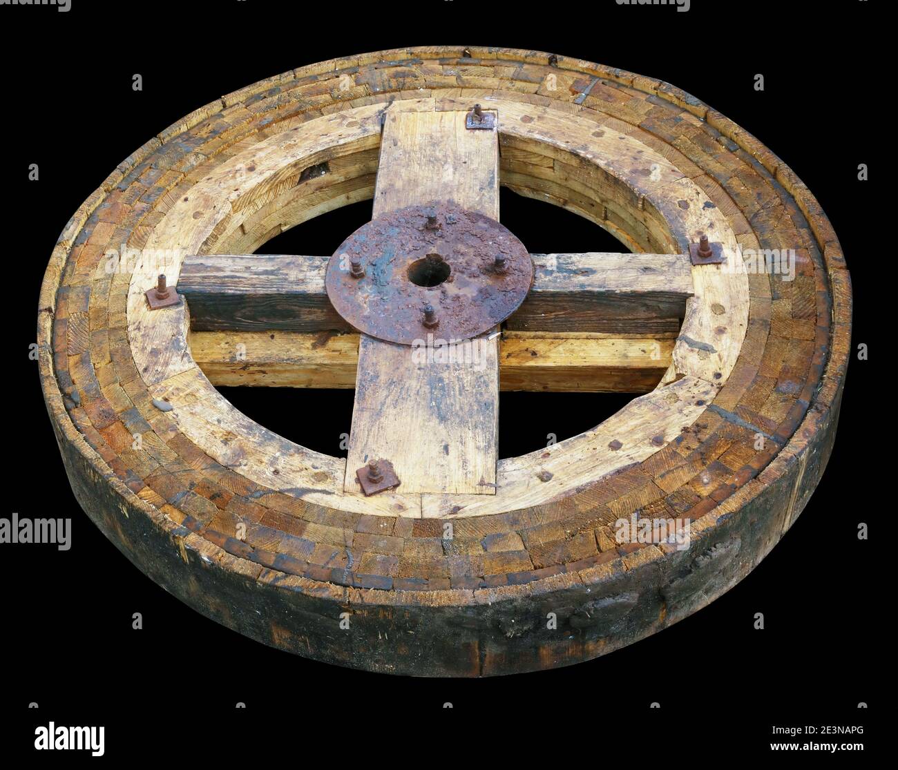 Old wooden aged wheel from a water mill. Isolated on black Stock Photo ...