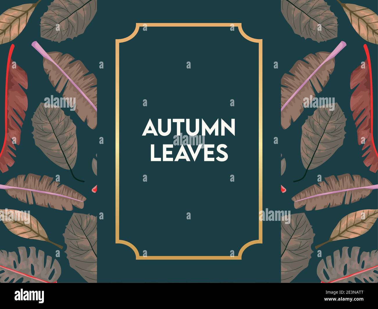 autumn leaves lettering in poster with dry leafs in golden square frame ...