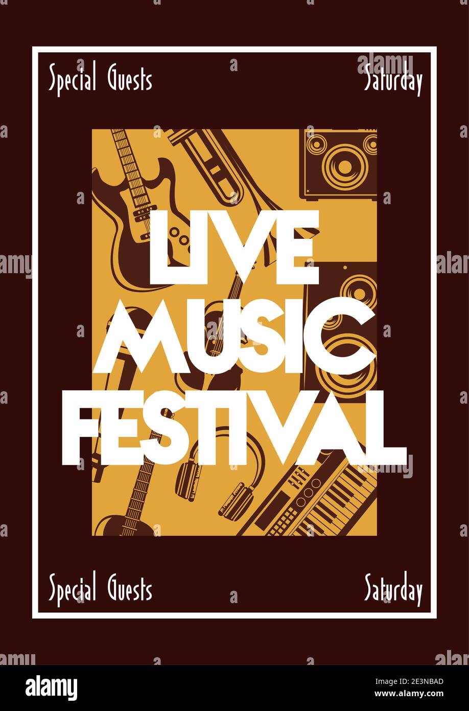 live music festival lettering poster with musical instruments in square ...