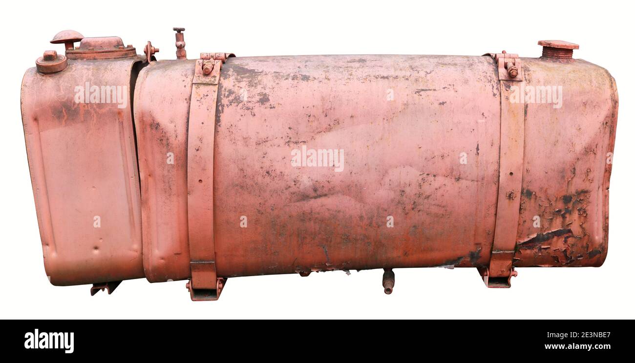 Old red painted vintage metal steel tank for diesel fuel. Isolated on ...