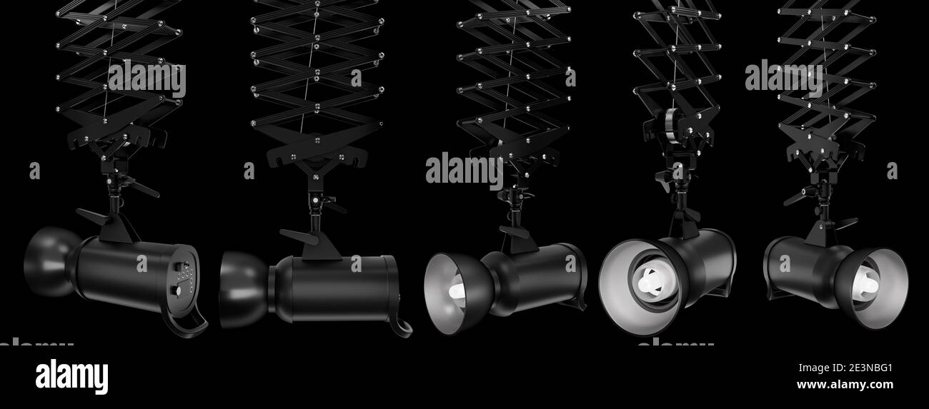 Photography studio flash on ceiling pantograph isolated on black ...
