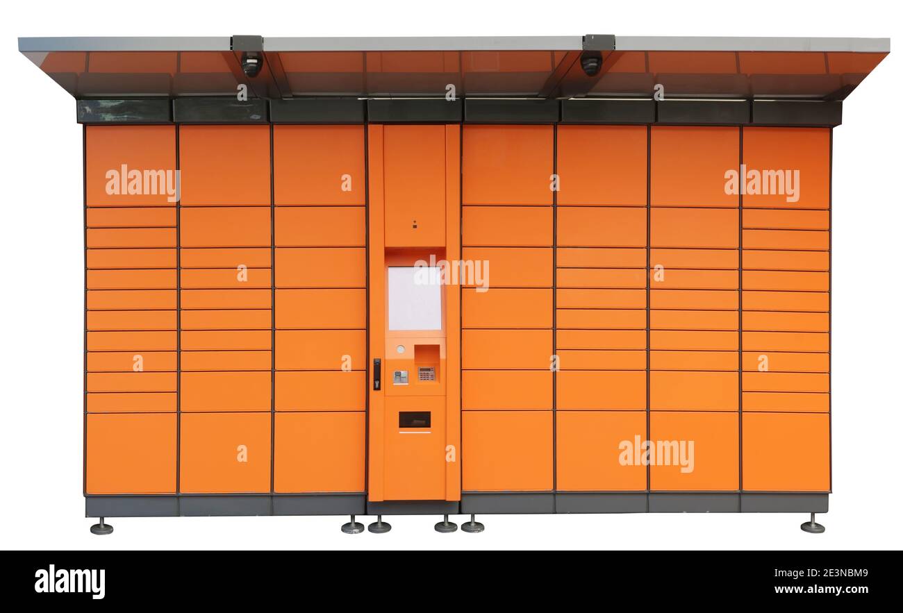 Self service orange modern standard city parcel terminal. Isolated on ...