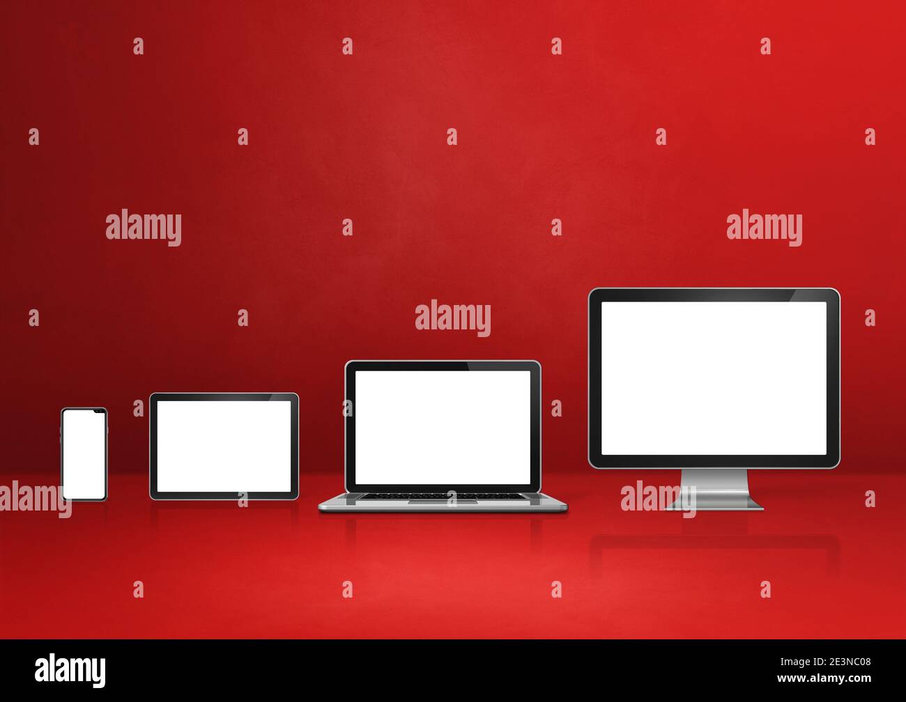 Computer, laptop, mobile phone and digital tablet pc - red office desk ...