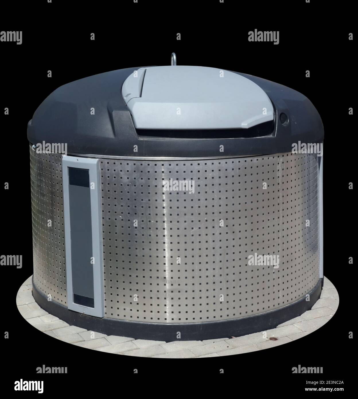 A new large modern stainless steel trash bin isolated on black Stock ...