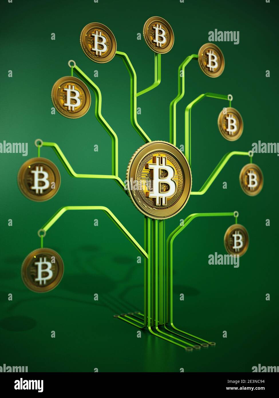 Fictitious crypto coins hanging on PCB tree branchs. 3D illustration ...