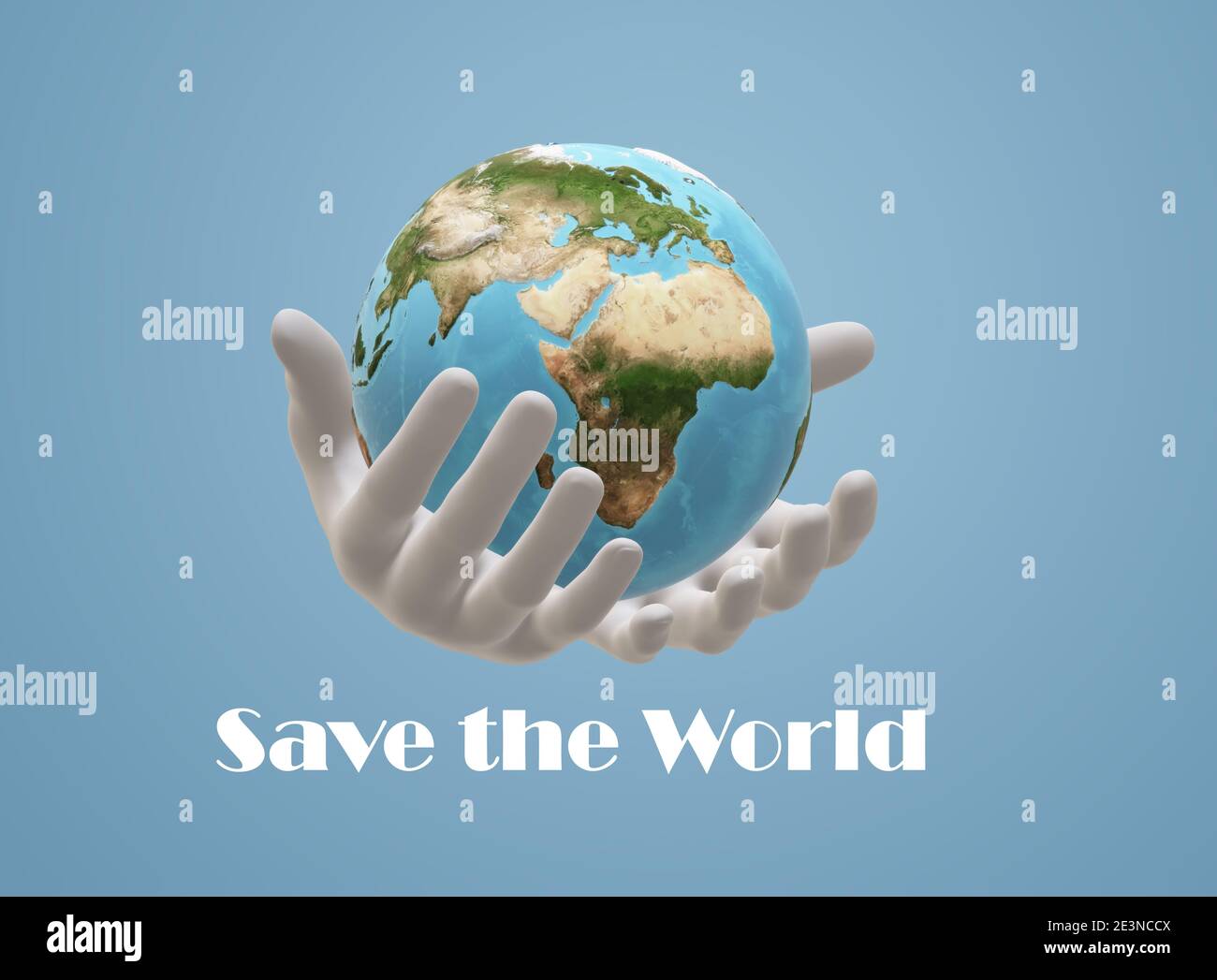 Save the World .Globe in human hands on blue sky. Environmental ...