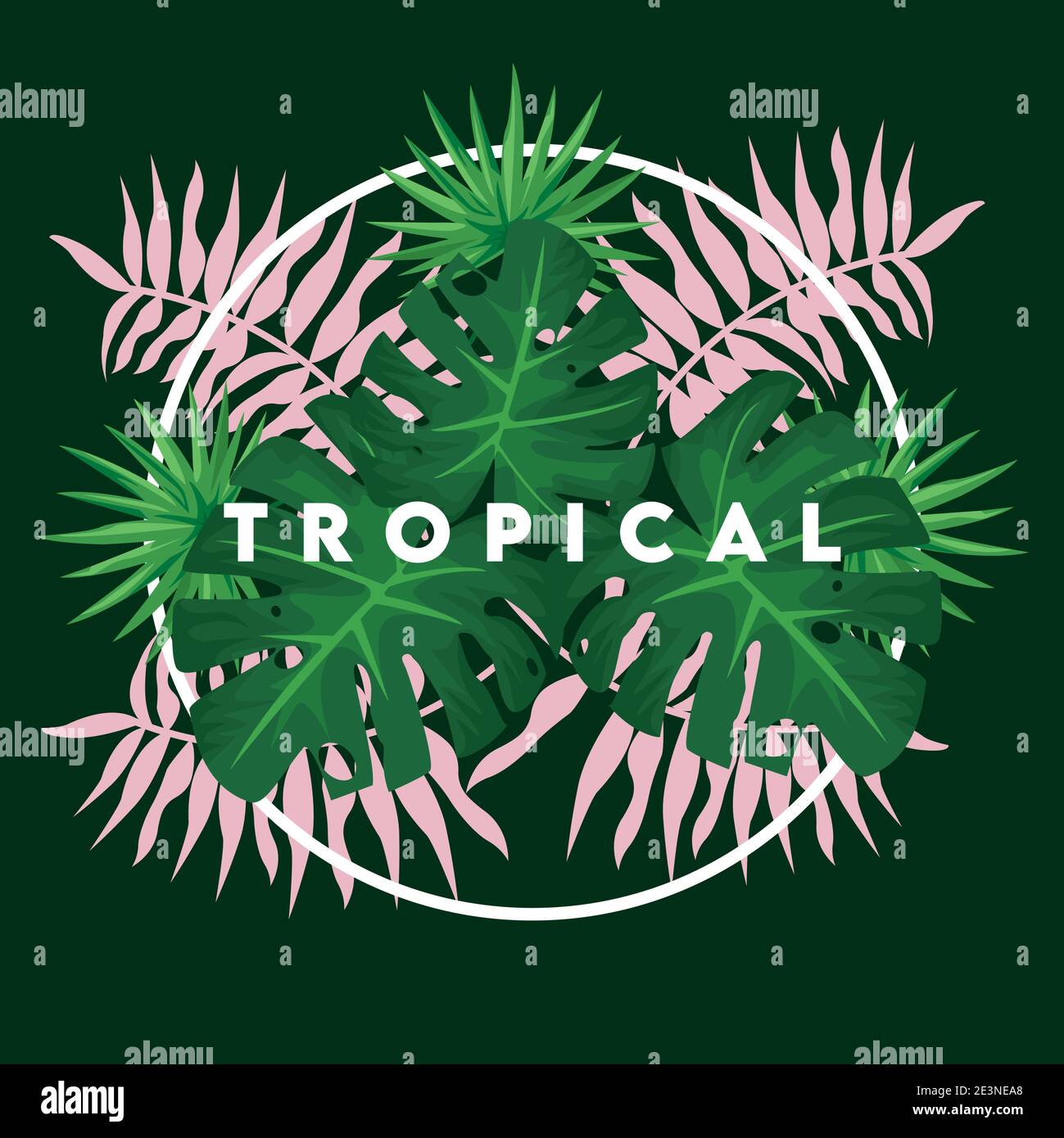 tropical lettering poster with green and pink leafs in circular frame ...