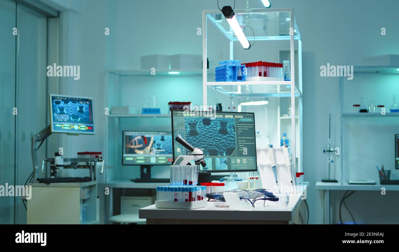Interior of modern science laboratory with no people prepared for ...