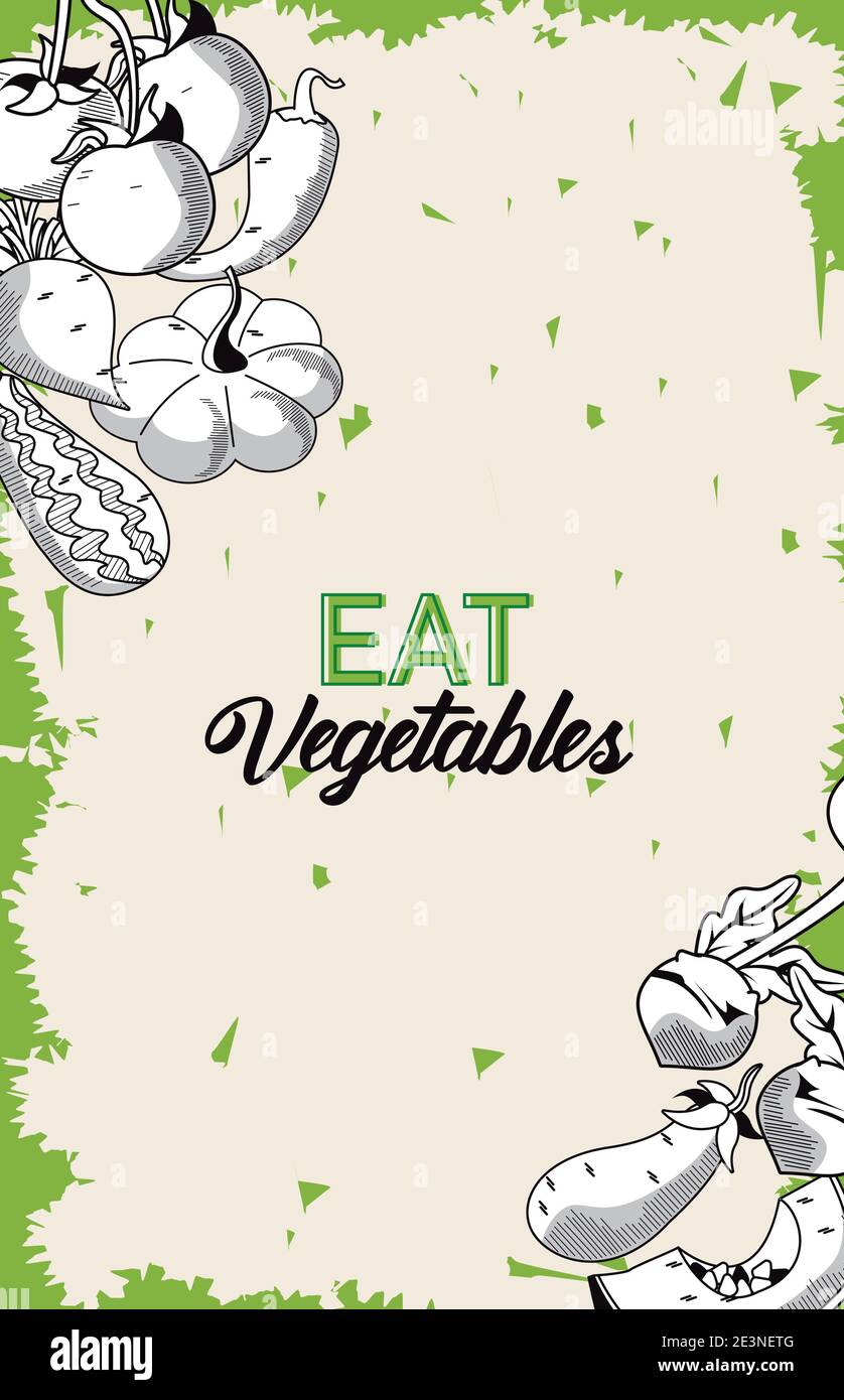 eat vegetables lettering poster with healthy food and leafs vector ...