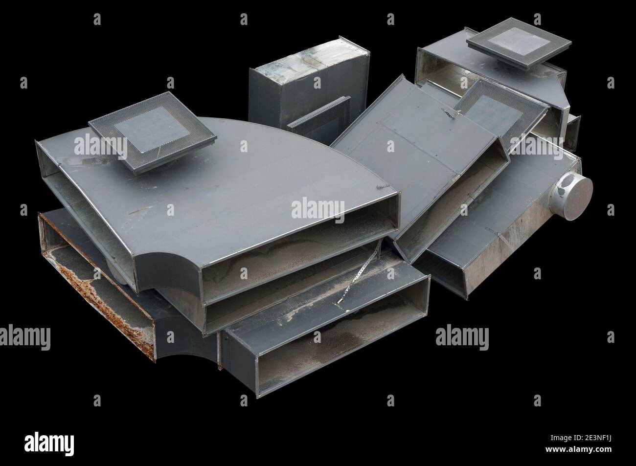 Used metal parts of the central ventilation systems isolated on black ...