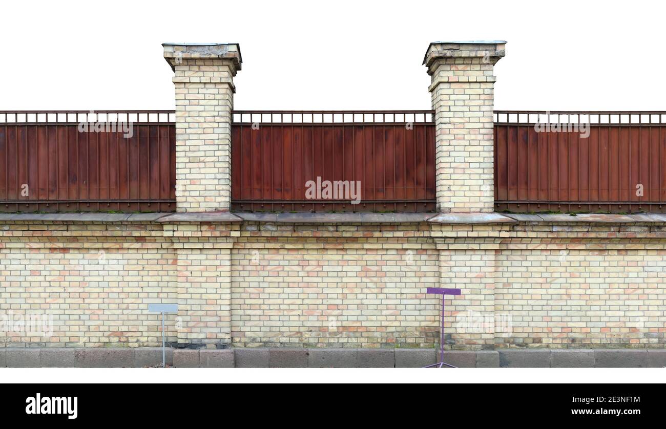 Very sturdy yellow brick and steel fence. Isolated on white Stock Photo ...