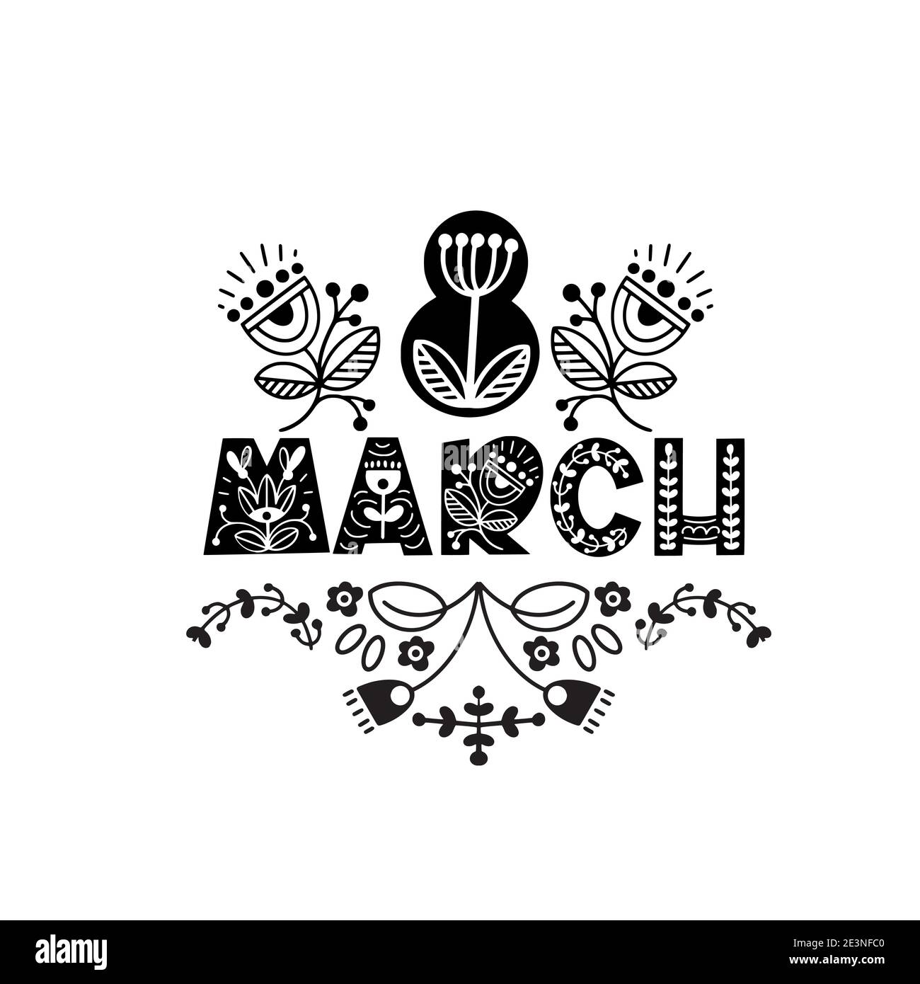 Happy 8 March lettering. Typography in scandinavian style with floral ...