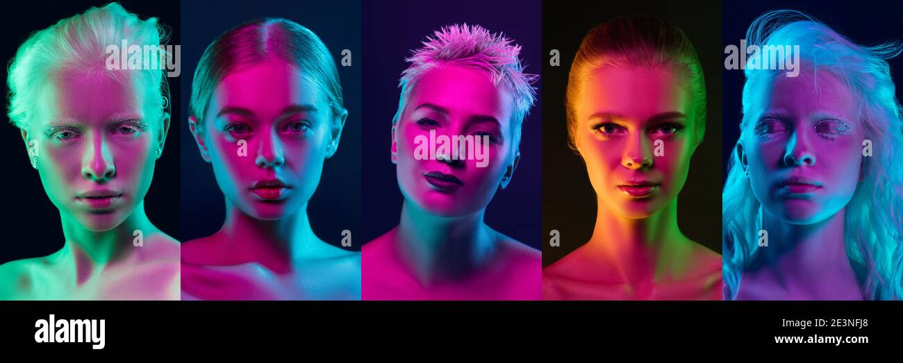 Collage of portraits of young emotional people on dark background in ...