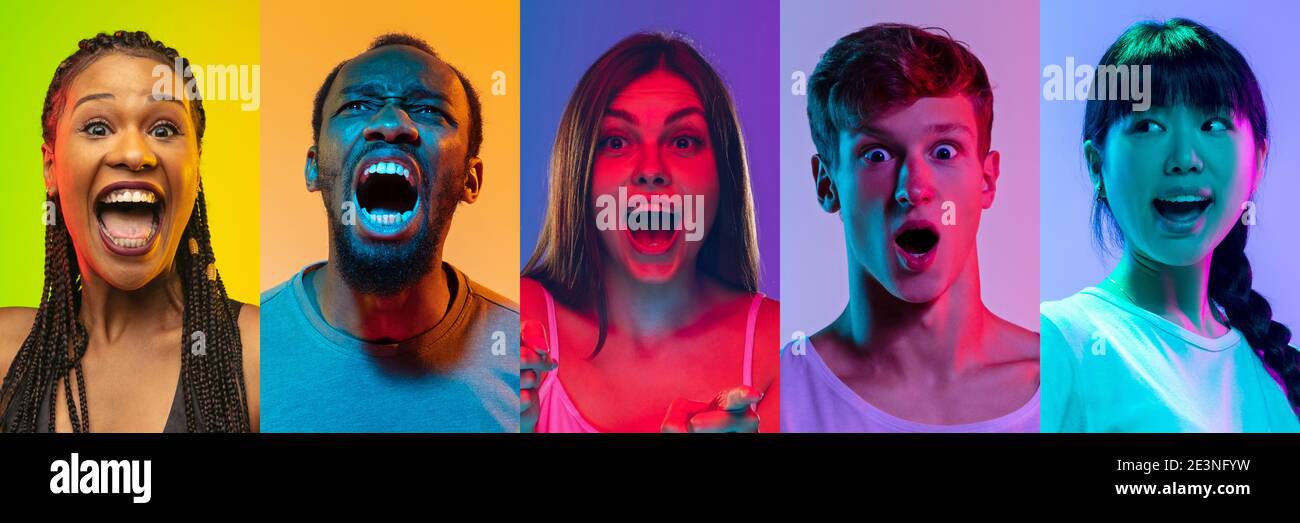 Collage of portraits of young emotional people on multicolored ...