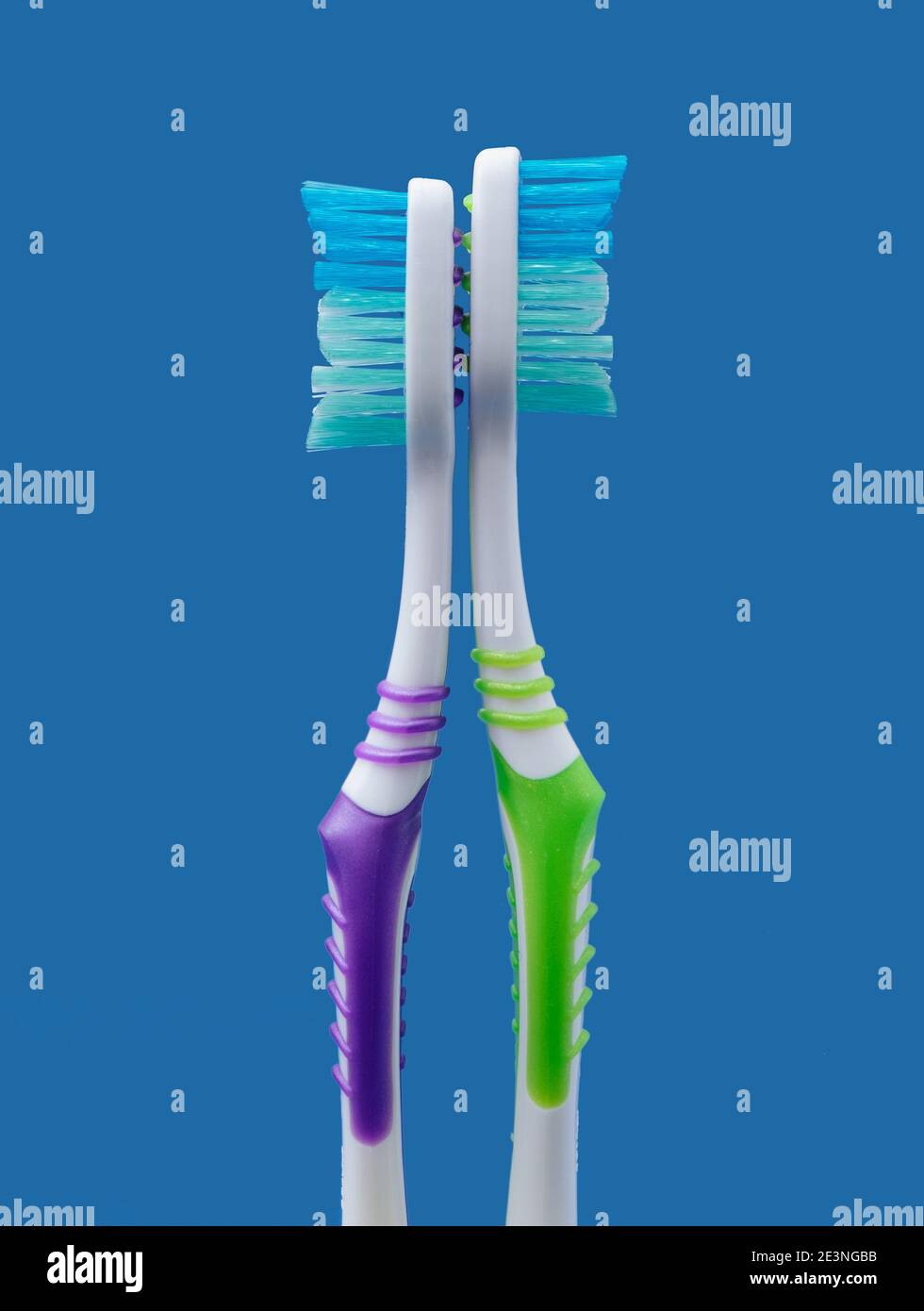 Two toothbrushes arranged like couple standing back to back on minimal ... Two toothbrushes arranged like couple standing back to back on minimal ...