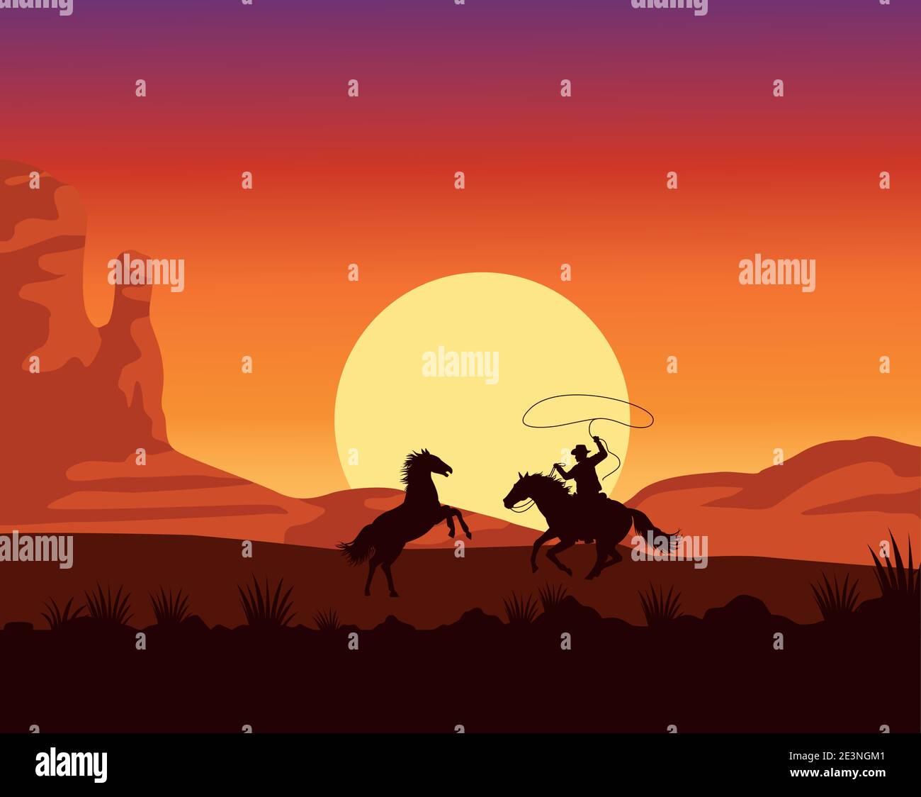 wild west sunset scene with cowboy lassoing horse vector illustration ...