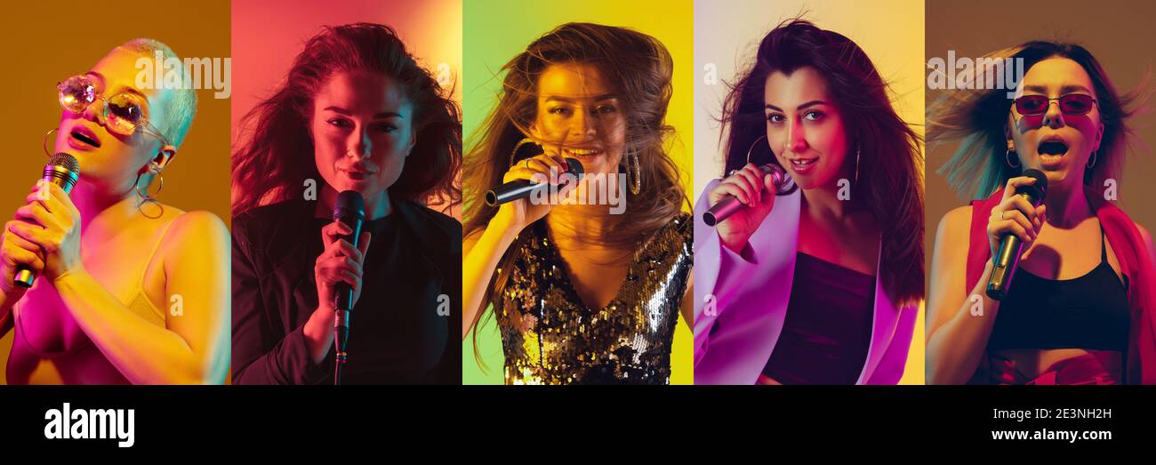 Collage of portraits of young emotional womens on multicolored ...