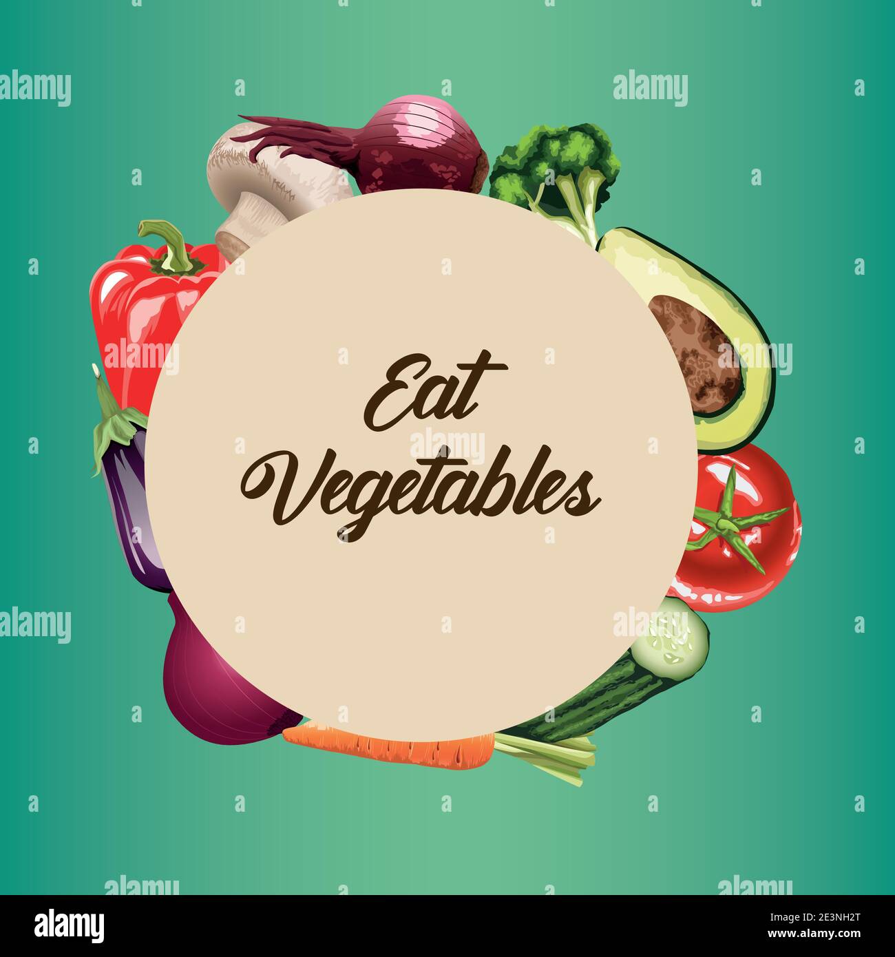 eat vegetables lettering poster with vegetables around of circular ...